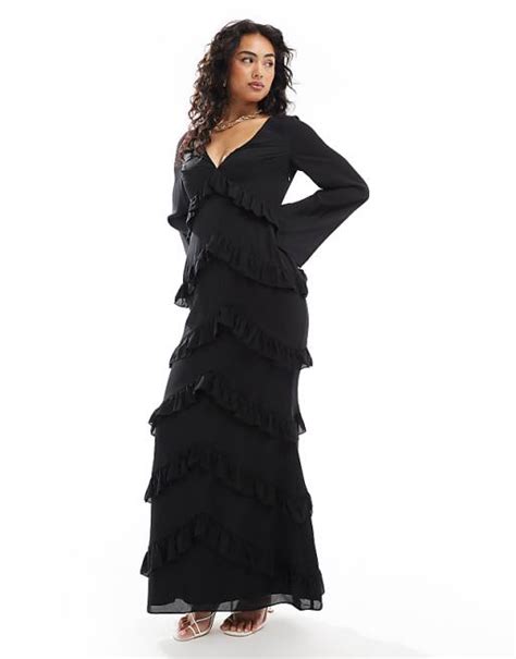 Pretty Lavish Robe Longue Volantée à Manches Longues Noir Asos