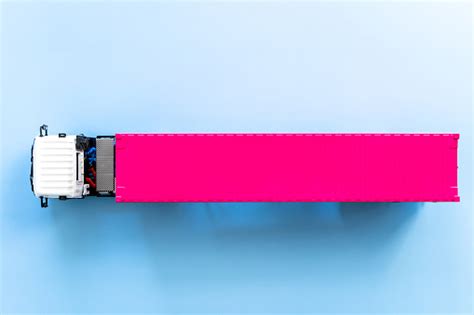 파란색 배경에 세미 트레일러 트럭 트럭화물 차량 위에서 보기 분홍색 컨테이너화물 흰색 세미 트럭의 공중 상단 보기 공중 뷰에 대한 스톡 사진 및 기타 이미지 Istock