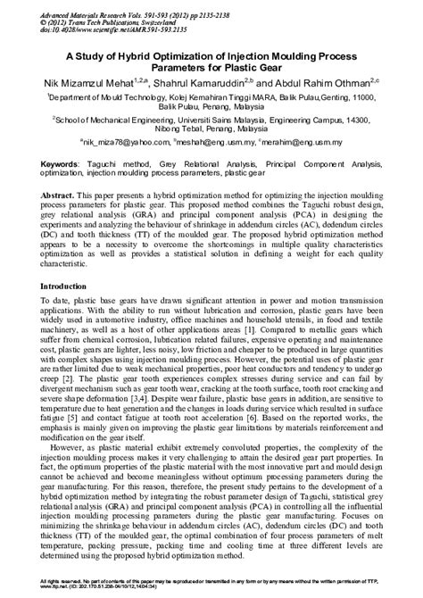 Pdf A Study Of Hybrid Optimization Of Injection Moulding Process Parameters For Plastic Gear