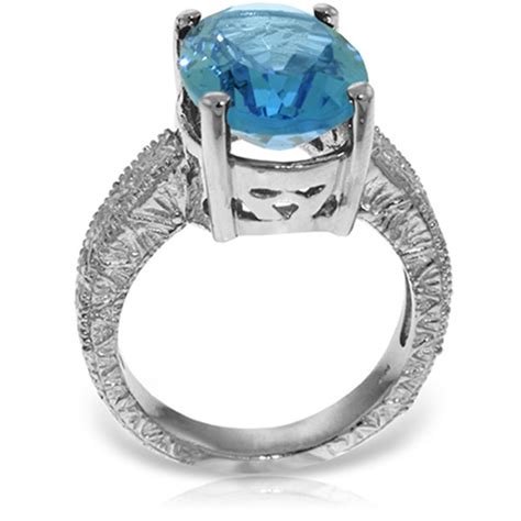 14k Solid White Gold Ring With Natural Oval Blue Topaz Gemstone Womens