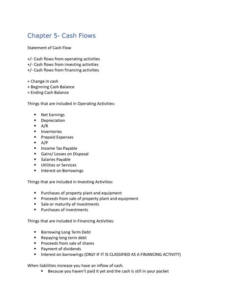 Chapter 5 Cheat Sheet Chapter 5 Cash Flows Statement Of Cash Flow
