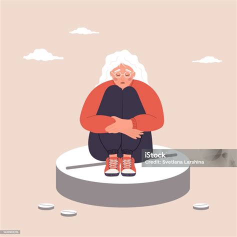 폐경기 증상을 완화시키는 약물 큰 알약에 앉아있는 슬픈 노인 여성 여성 연령 문제 플랫 만화 스타일의 벡터 일러스트 레이 션