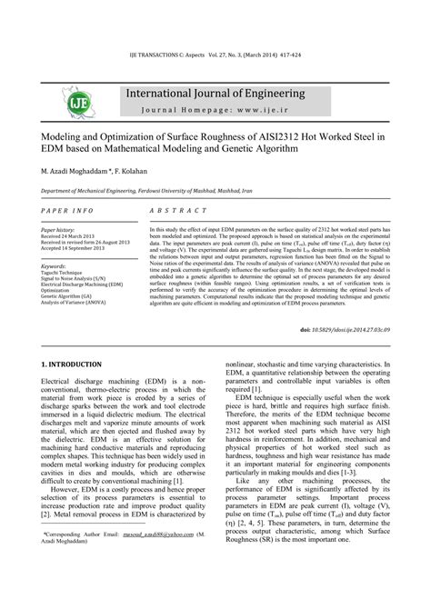 Pdf Modeling And Optimization Of Surface Roughness Of Aisi2312 Hot Worked Steel In Edm Based