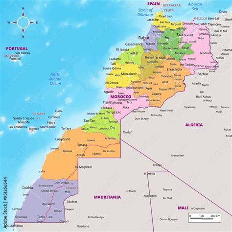 Morocco Political Map With Capital Cities Towns National Borders Rivers And Lakes Labeling
