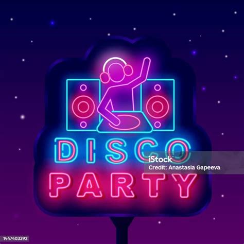 디스코 파티 네온 라벨 빛나는 거리 광고판 Dj와 음악 칼럼 나이트 클럽 공연 벡터 그림 Dj에 대한 스톡 벡터 아트 및 기타