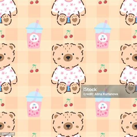 Kawaii Bear And Strawberry Seamless Pattern In Soft Pastel Colors