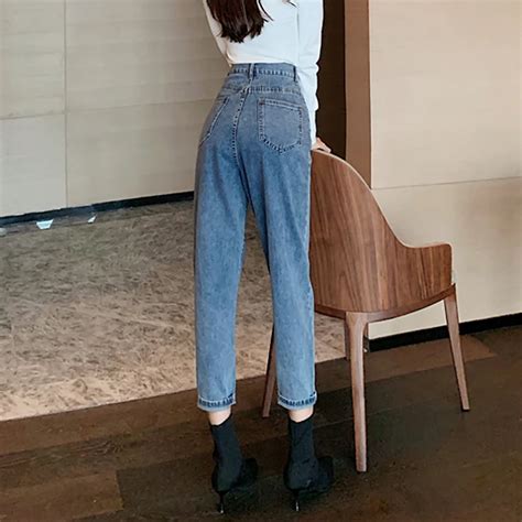 Джинсы до щиколотки с высокой талией Женские однотонные джинсовые