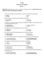 2nd QUIZ EARTH And LIFE ANSWER KEY Docx 2nd QUIZ EARTH And LIFE SCIENCE EIM 11 A