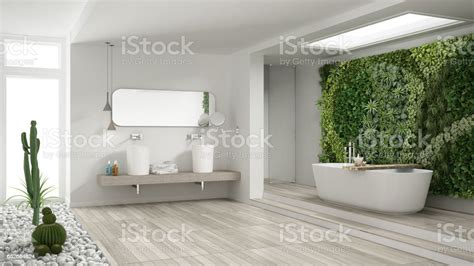 수직 고 즙이 많은 정원 나무 바닥 및 자갈 호텔 스파 현대적인 인테리어 디자인으로 미니 멀 화이트 욕실 욕실에 대한 스톡 사진 및 기타 이미지 Istock