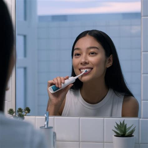Premium Photo A Woman Brushing Her Teeth In Front Of A Mirror