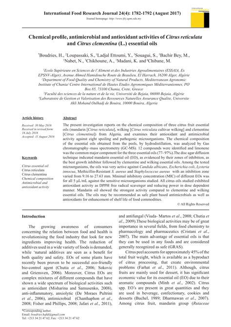 Pdf Chemical Profile Antimicrobial And Antioxidant Activities Of Citrus Reticulata And Citrus