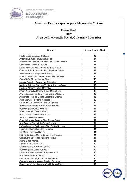 Acesso Ao Ensino Superior Para Maiores De Anos Pauta Final