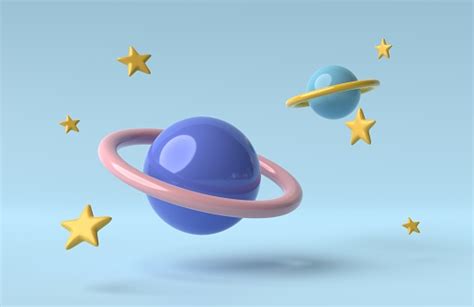 고리와 별이 있는 아이콘 행성 토성 목성 천왕성 또는 해왕성 3d 렌더링 3d 일러스트레이션 카툰 미니멀 스타일 0명에 대한