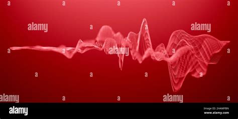 Wireframe Waveform Structure Or Abstract Visualization Of Audio Sound Waves Against Red