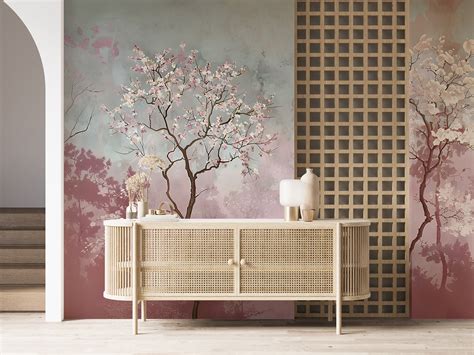 Muted Colors Trees Wallpaper Soft Pink Watercolor Trees Wall Mural