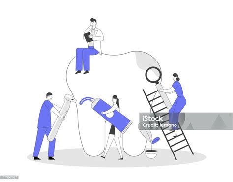 小牙醫的人清潔治療大不健康的牙菌斑和卡葉孔醫生一起工作刷牙結垢鑽牌口腔科牙科卡通平面向量插圖向量圖形及更多線條畫圖片 Istock