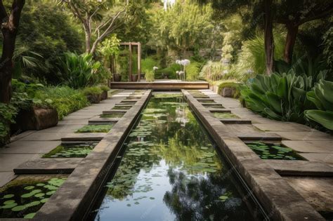 Premium Ai Image Reflection Pool With Stone Pathways And Stepping