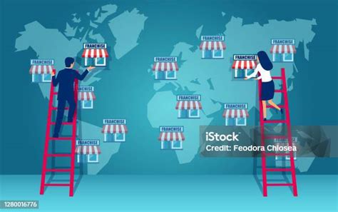 글로벌 지도에서 프랜차이즈 네트워크를 확장하는 비즈니스 사람들의 벡터 영업권에 대한 스톡 벡터 아트 및 기타 이미지 영업권 비즈니스 사다리 Istock