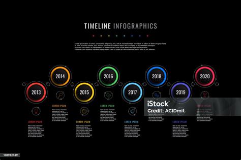 둥근 요소 연도 표시 및 검은 배경에 텍스트 상자가있는 수평 타임라인 인포그래픽 사실적인 3d 용지 컷 디자인 최신 벡터 회사 프리젠 테이션 슬라이드 템플릿 Eps 10