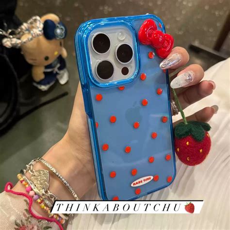 당일출고🍓블루 리본 딸기 귀여운 아이폰케이스 딸기키링 스트랩 키치케이스 하이틴케이스 아이폰케이스 아이폰투명케이스 귀여운케이스 아이폰12 13 14 15 프로 맥스 Pro