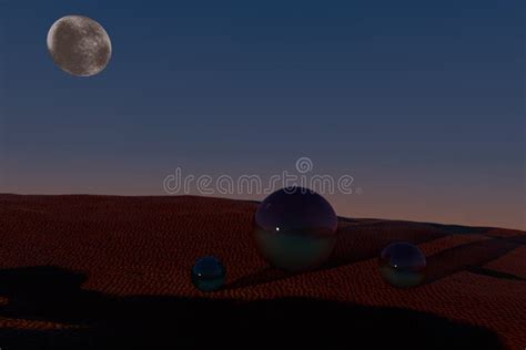 A Serene Landscape Featuring Three Reflective Spheres Under A Moonlit