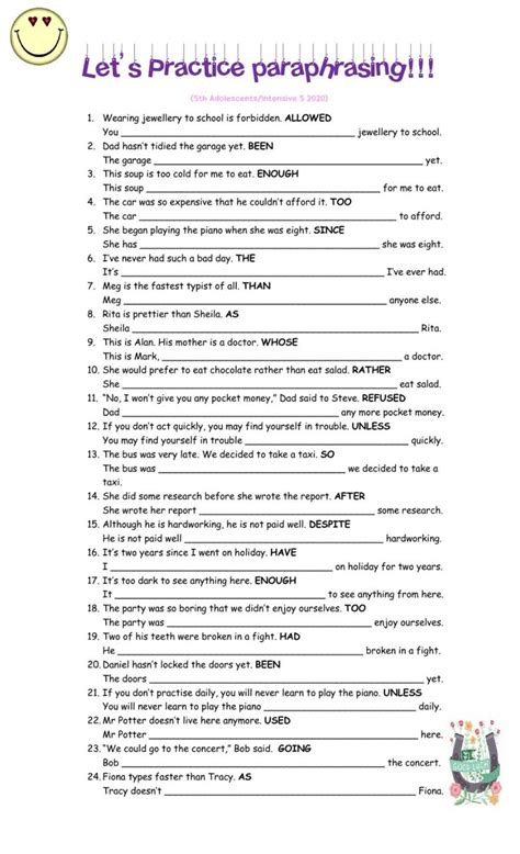 Paraphrasing Worksheet For English Writing Skills