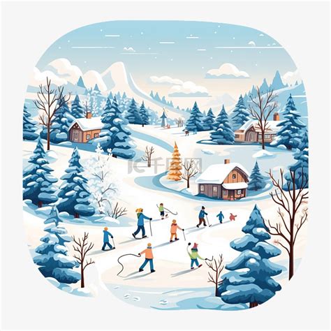 下雪天冬天圣诞节风景孩子们在冬天外面玩耍矢量插画素材图片免费下载 千库网