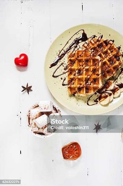 벨기에 와플과 코코아 마시멜로를 곁들인 아침 식사 맨 위 보기입니다 꼭대기에 대한 스톡 사진 및 기타 이미지 꼭대기 달콤한