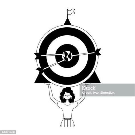 딸은 중앙에 화살표가 있는 목표물을 들고 있습니다 기술 개념 검은 색과 흰색 아날로그 스타일 트렌디한 스타일 벡터 일러스트레이션 개념에 대한 스톡 벡터 아트 및 기타 이미지