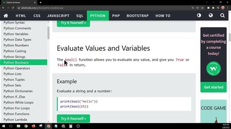 W3schools Python Booleans Youtube