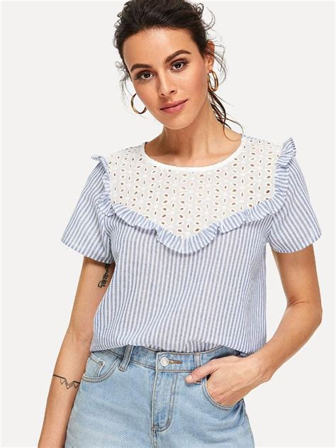 SHEIN Contrast Eyelet Embroidered Yoke Striped Top Striped Tops Women