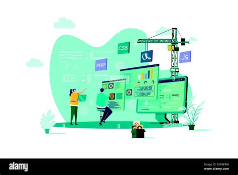 Web Development Concept In Flat Style Developers Team Construct Web