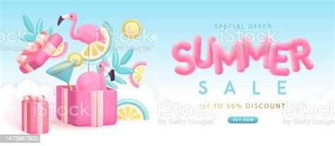 여름 큰 판매 타이포그래피 포스터 3d 플라스틱 텍스트 플라밍고 및 선물 상자 여름 배경입니다 벡터 그림입니다 3차원 형태에 대한 스톡 벡터 아트 및 기타 이미지 Istock