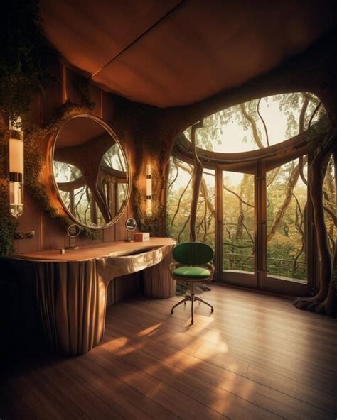 Premium Ai Image A Room With A Treehouse And A Desk With A Chair In