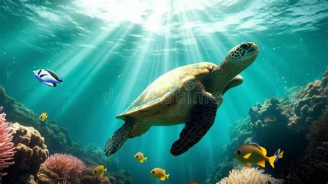 Diving Underwater Sea World With A Swooping Sea Turtle And Colorful
