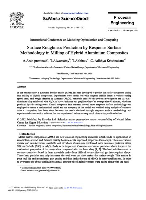 Pdf Surface Roughness Prediction By Response Surface Methodology In