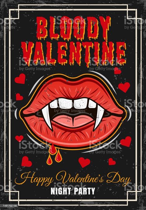 피 묻은 발렌타인 데이 컬러 포스터 뱀파이어 여성 입과 송곳니와 핏방울 그런지 텍스처와 텍스트가 별도의 레이어에 있는 벡터 그림 0명에 대한 스톡 벡터 아트 및 기타 이미지