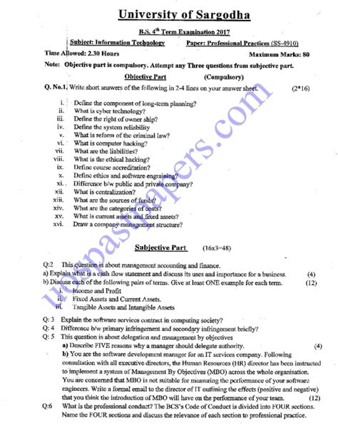 Ss 4910 Professional Practices Bs Information Technology 4th Term 2017 Past Papers Sargodha