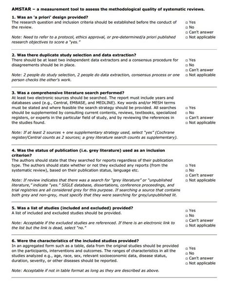 Amstar Checklist Amstar Is An Instrument Used In Assessing The Methodological Quality Of
