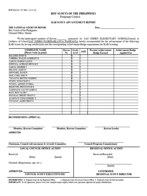 Sies Revised Bsp Form No 187 Kab Scout Advancement Report Pdf