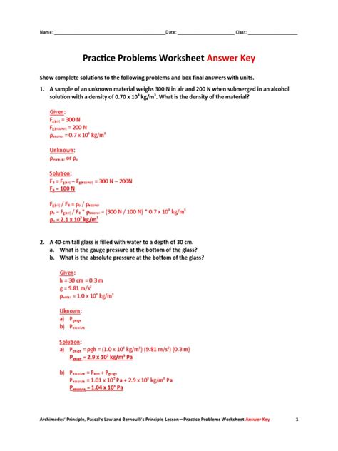 Practice Problems Worksheet Answer Key Pdf Pressure Density