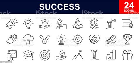성공 웹 아이콘이 설정되었습니다 성공 간단한 얇은 선 아이콘 모음입니다 보상 우승자 리본 별 컵 등이 포함되어 있습니다 간단한 웹 아이콘 설정 개념에 대한 스톡 벡터 아트