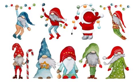 Watercolor Illustration Of Christmas Gnome In Scandinavian Style A Set