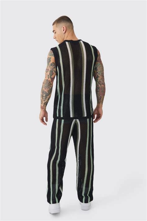 Tracksuits Oversized Open Stitch Stripe Knitted Tank And Trouser Set