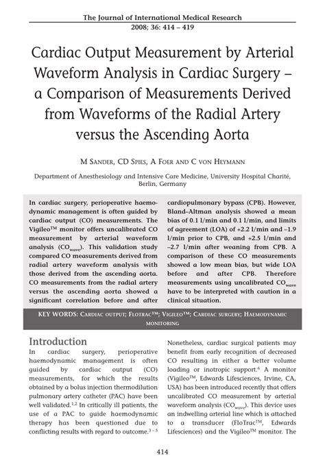 Pdf Cardiac Output Measurement By Arterial Waveform Analysis In Cardiac Surgery A Comparison