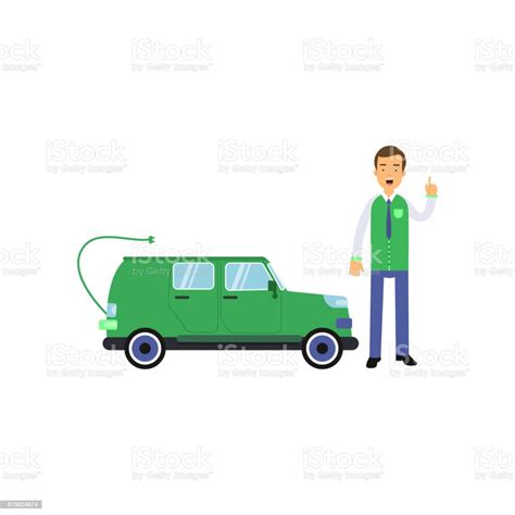 행복 한 사람 판매자를 손으로 문자 서 만화와 전기 자동차를 보여주는 세계 개념 정리 남자에 대한 스톡 벡터 아트 및 기타 이미지 남자 녹색 기술 대체 연료 차량