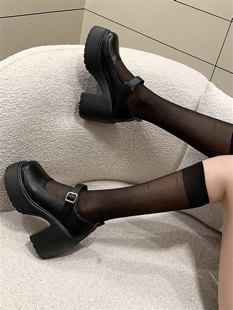 Women Buckle Decor Platform Chunky Heeled Mary Janes Elegant Black