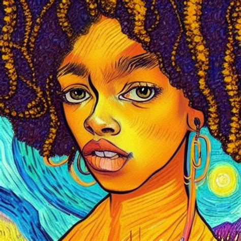 Beautiful Digital Mixed Media Painting Of A Boho Dark Skinned Girl Afro