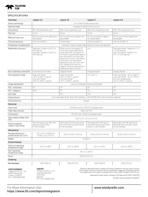 Flir Lepton Model Comparison Sheet Pdf
