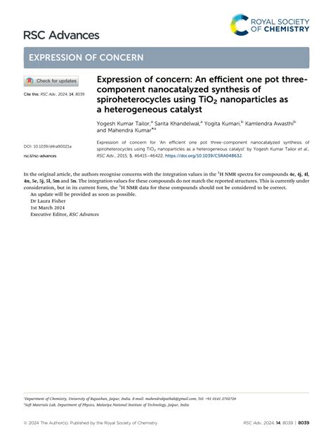 Pdf Expression Of Concern An Efficient One Pot Three Component